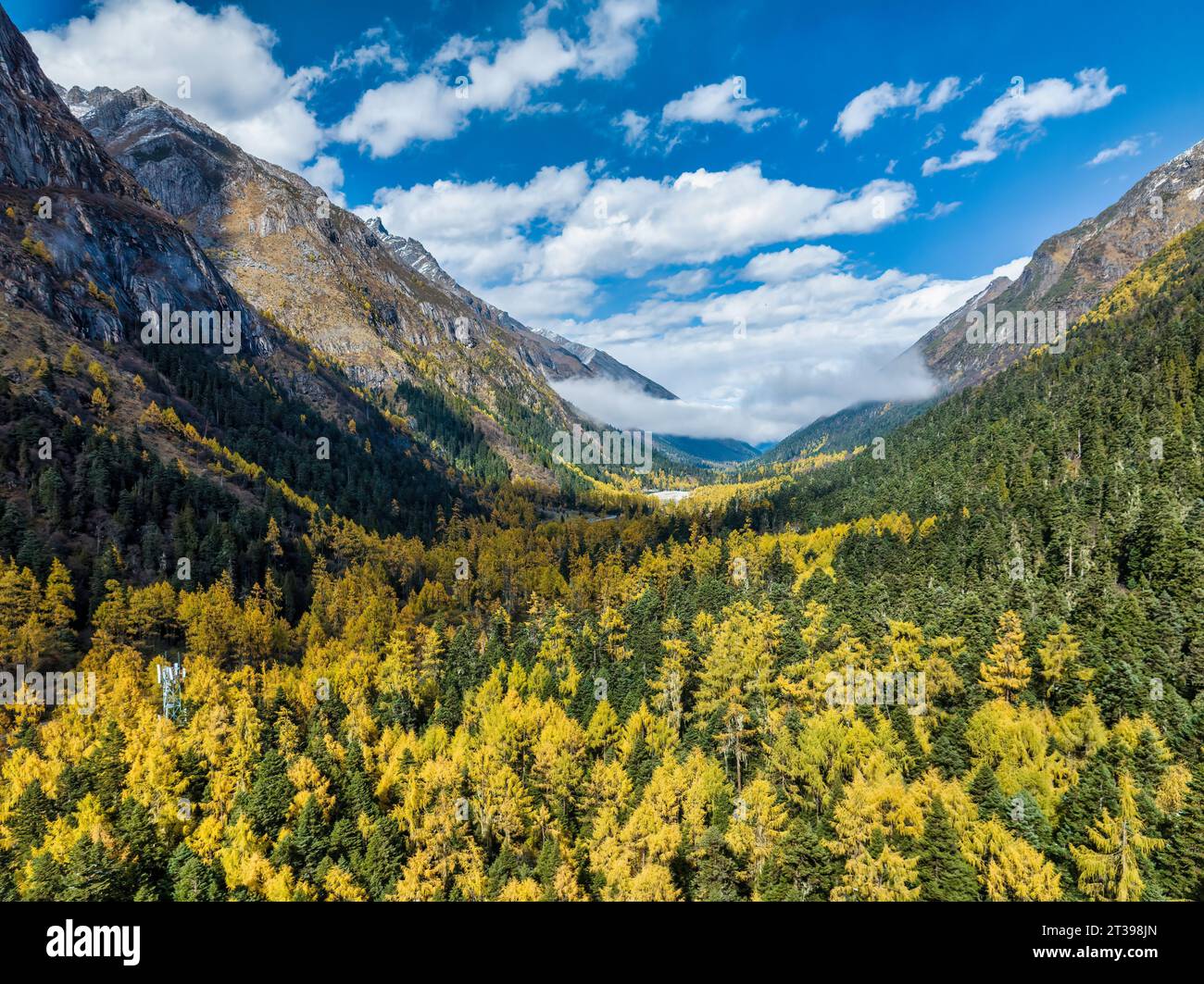 Aerial photo shows the autumn snowy scenery of Bipenggou Valley scenic ...