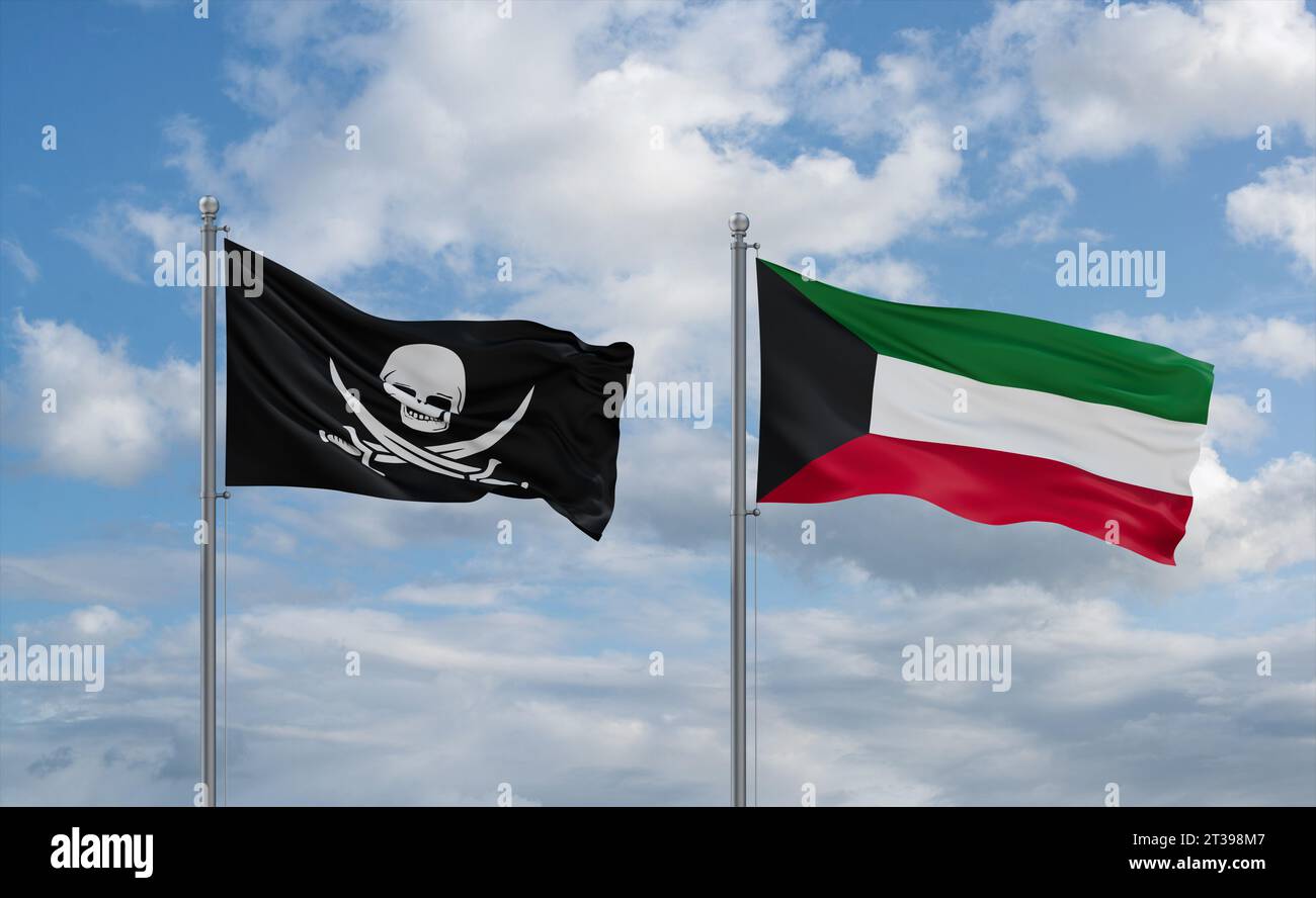 Kuwait and Corsair Pirate flags waving together in the wind on blue ...