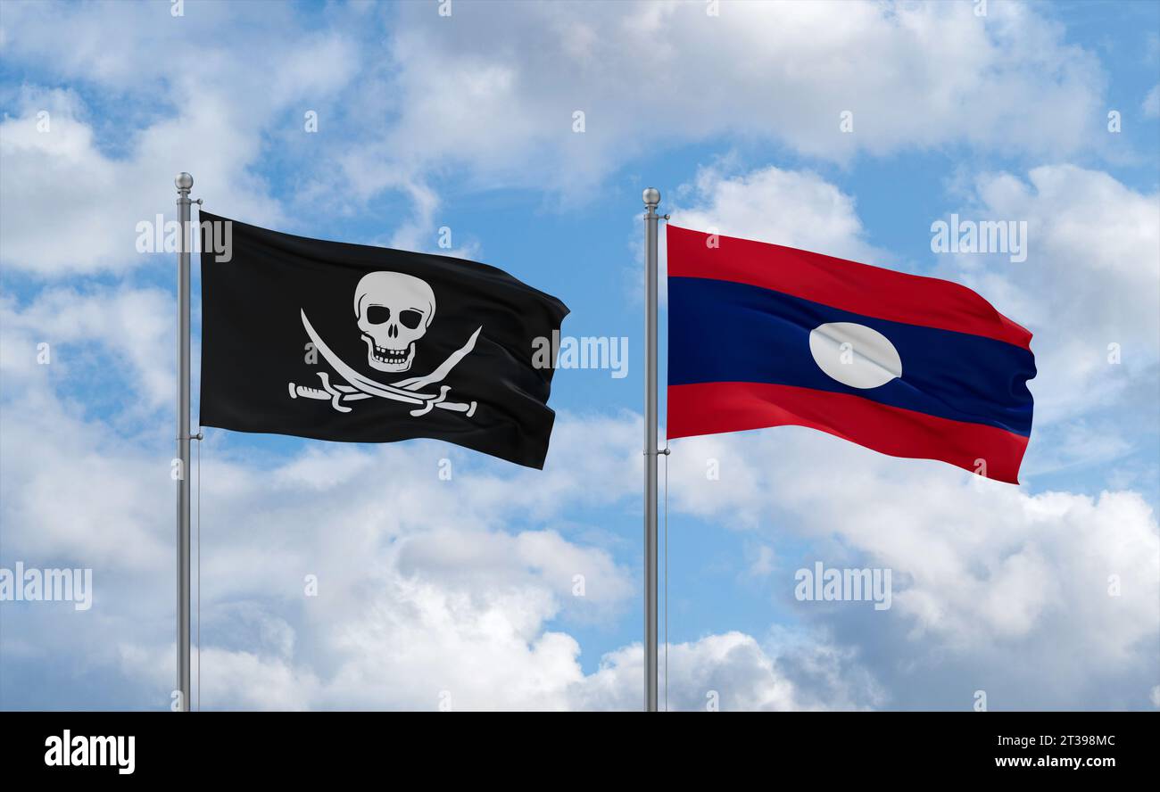 Laos and Corsair Pirate flags waving together on blue cloudy sky, two ...