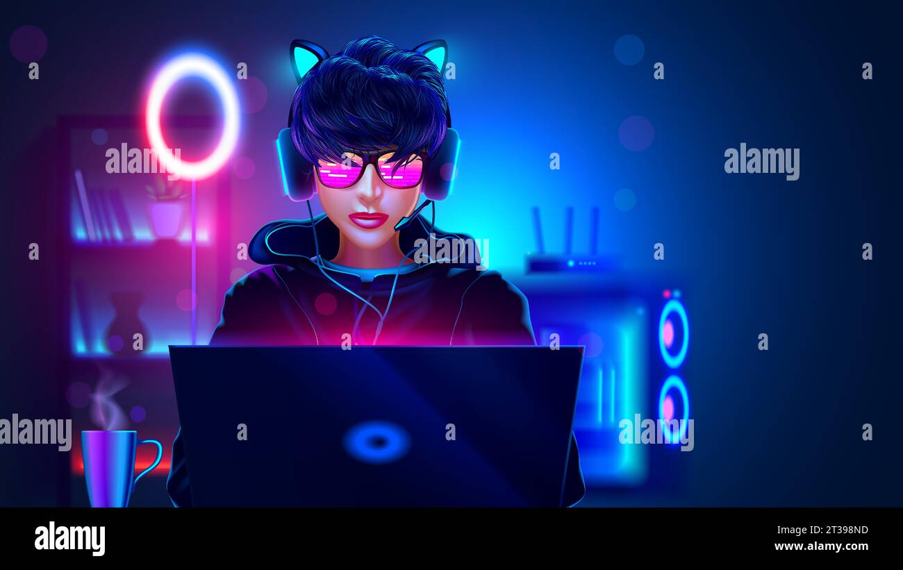 Gamer girl with laptop in dark room with neon lights. Girl teen in ...