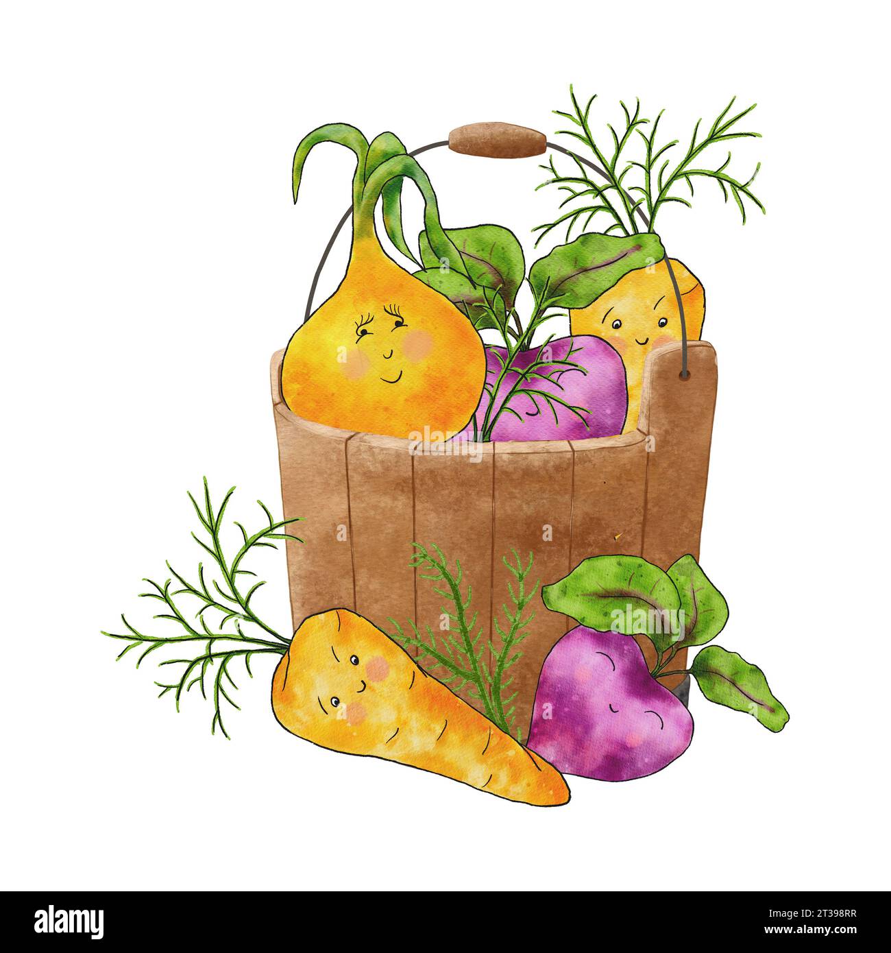 A bucket of fun vegetables. Vegetable basket. Wooden bucket with ...
