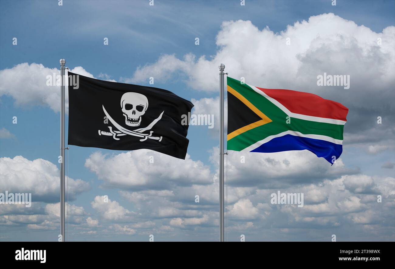 Republic of South Africa and Corsair Pirate flags waving together in ...