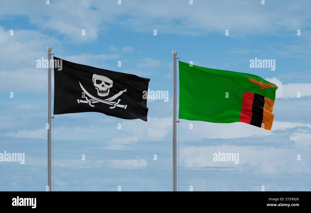 Zambia and Corsair Pirate flags waving together in the wind on blue ...