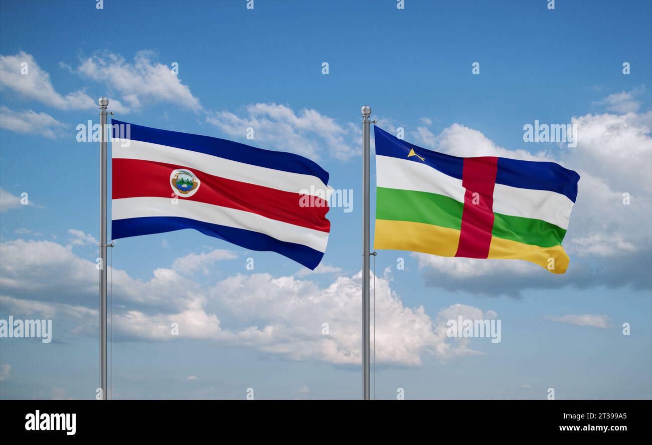 Central African Republic and Costa Rico flags waving together in the ...