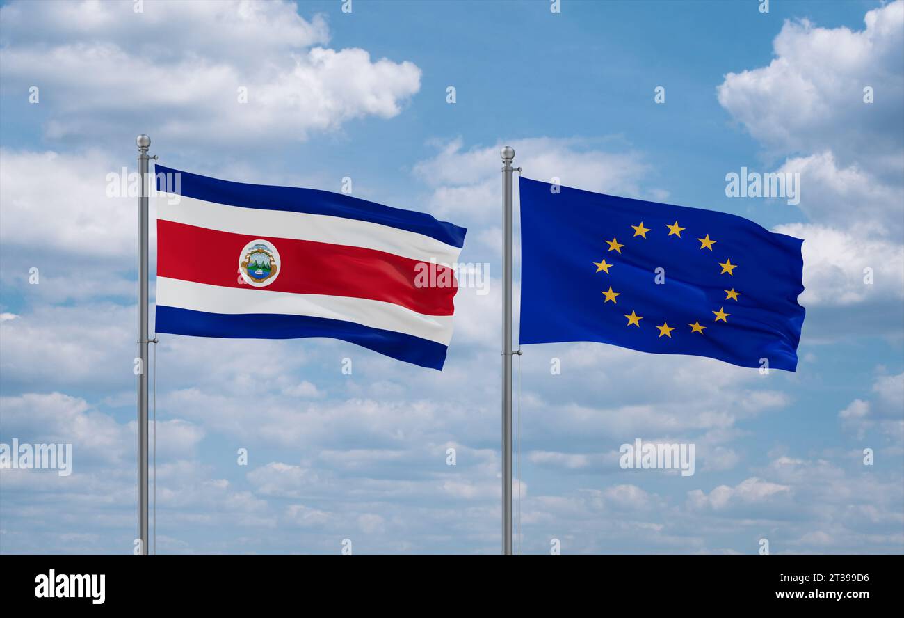 European Union and Costa Rico flags waving together in the wind on blue ...