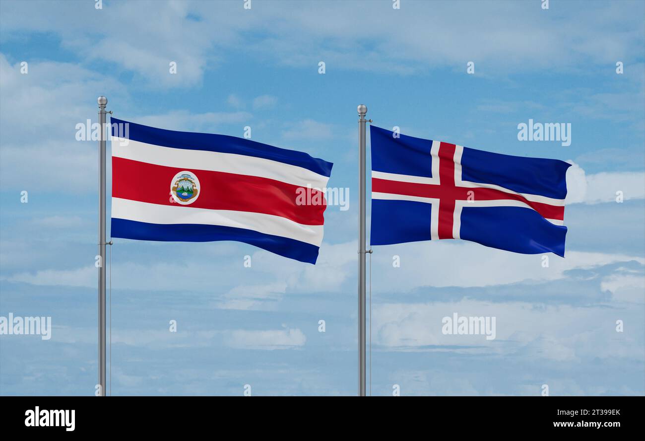 Iceland and Costa Rico flags waving together in the wind on blue cloudy ...