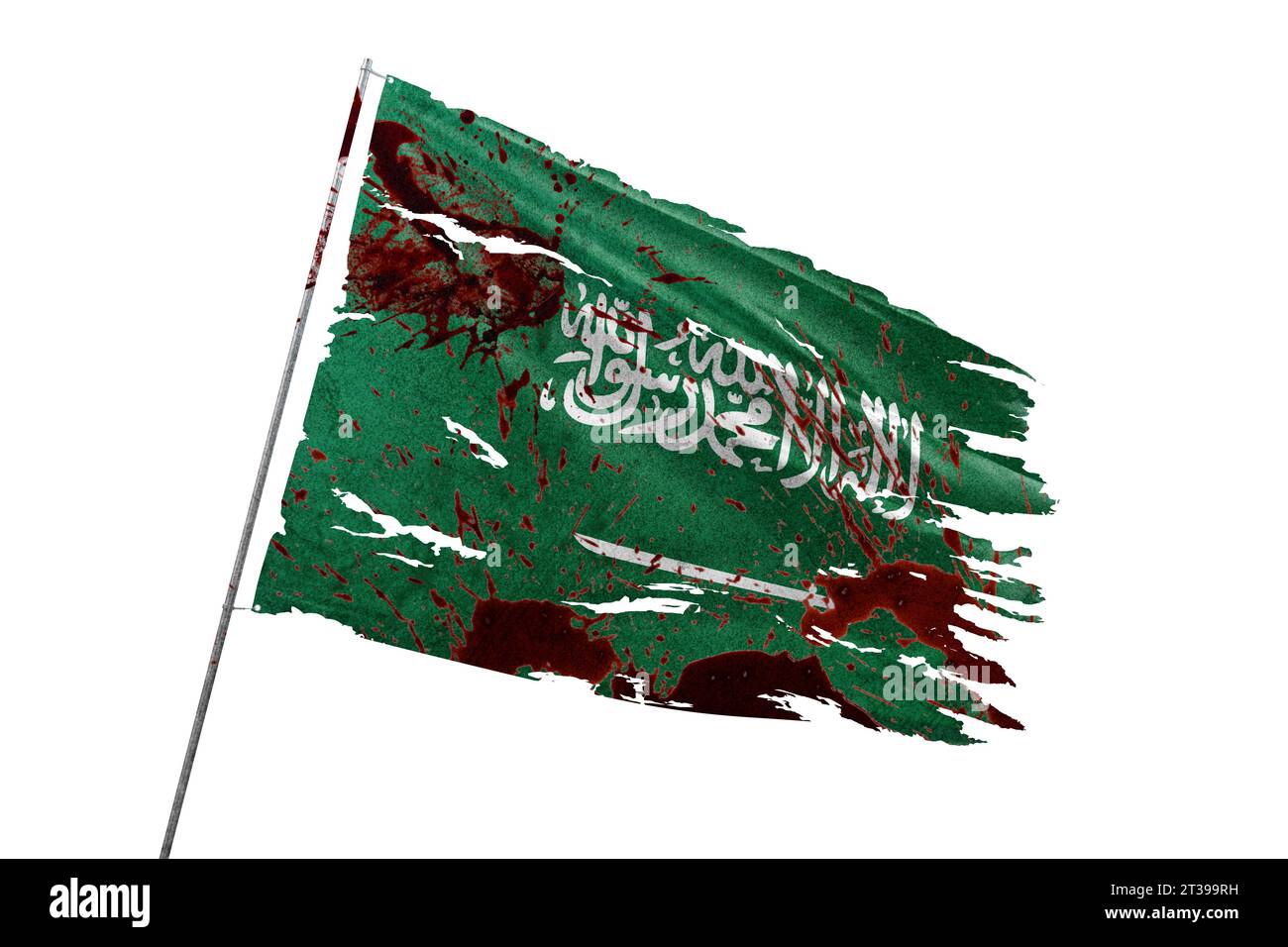 Saudi Arabia torn flag on transparent background with blood stains ...