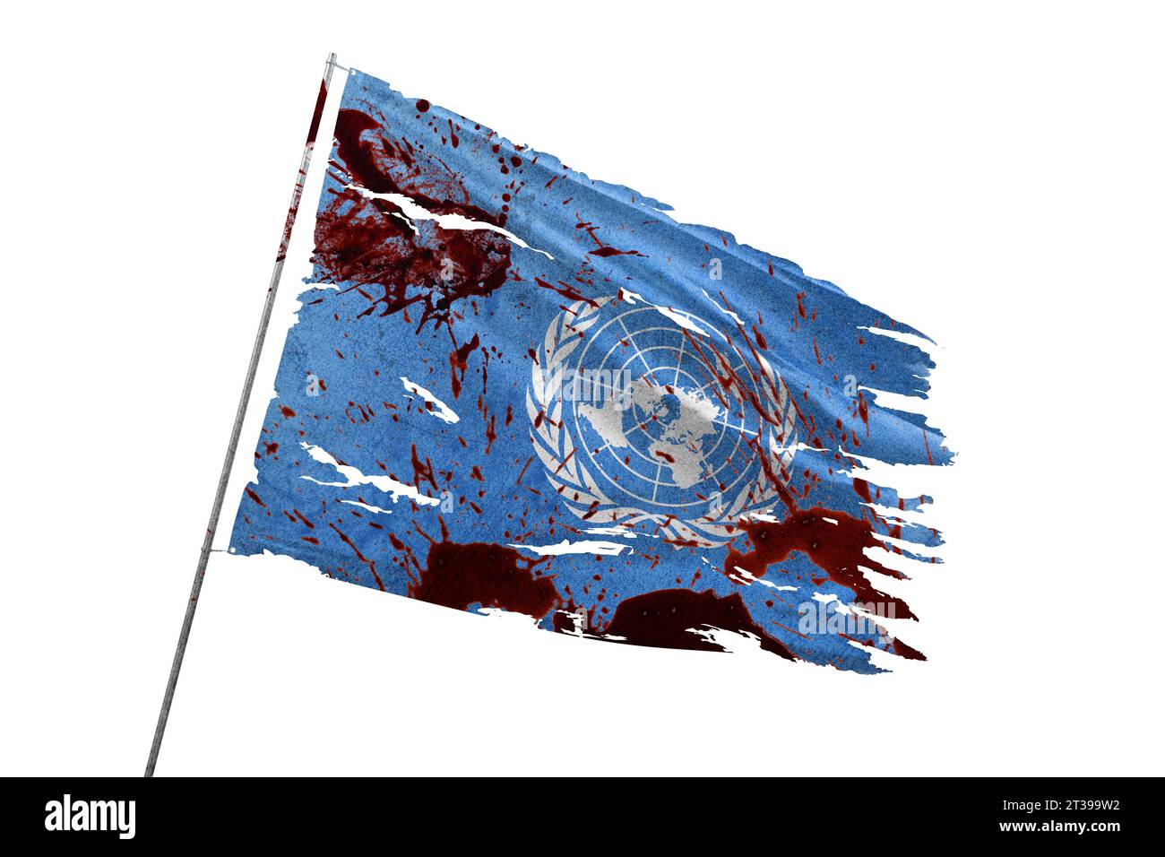 United Nations torn flag on transparent background with blood stains ...