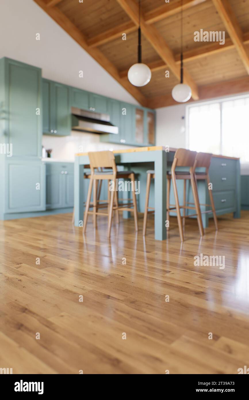 Green kitchen interior in bokeh with an emphasis on wooden floor Stock ...