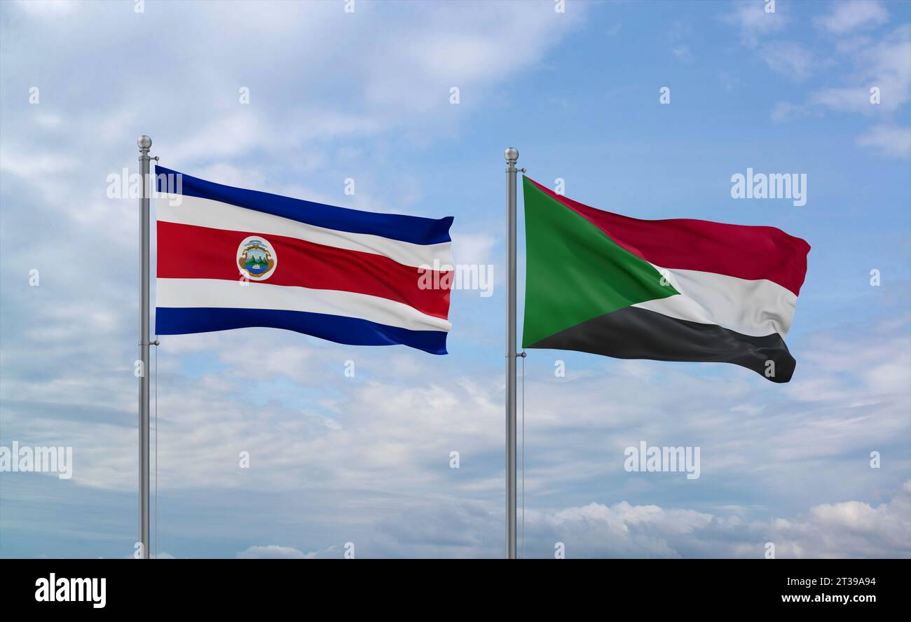 Sudan and Costa Rico flags waving together in the wind on blue cloudy sky, two country ...