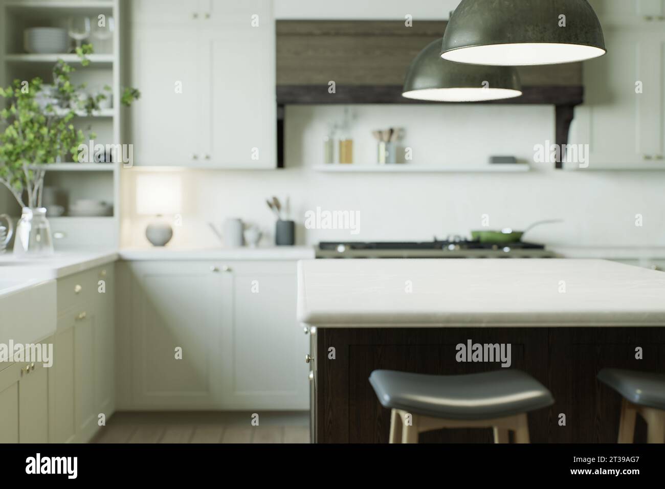 Blurred kitchen background with kitchen appliances and utensils with ...