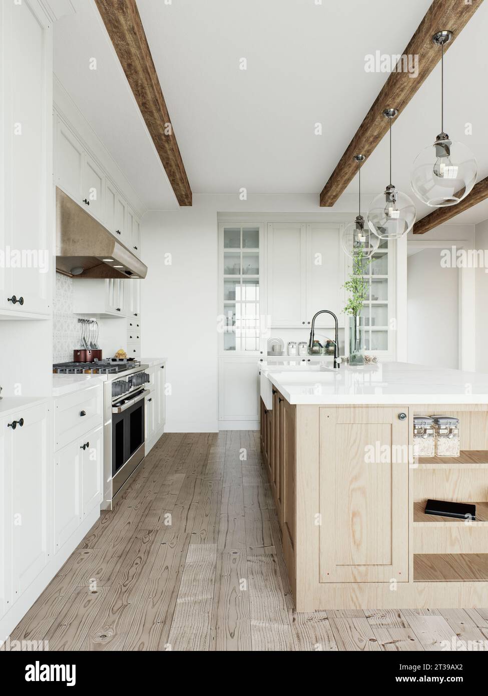 Traditional large L-shaped kitchen with large island and kitchen ...