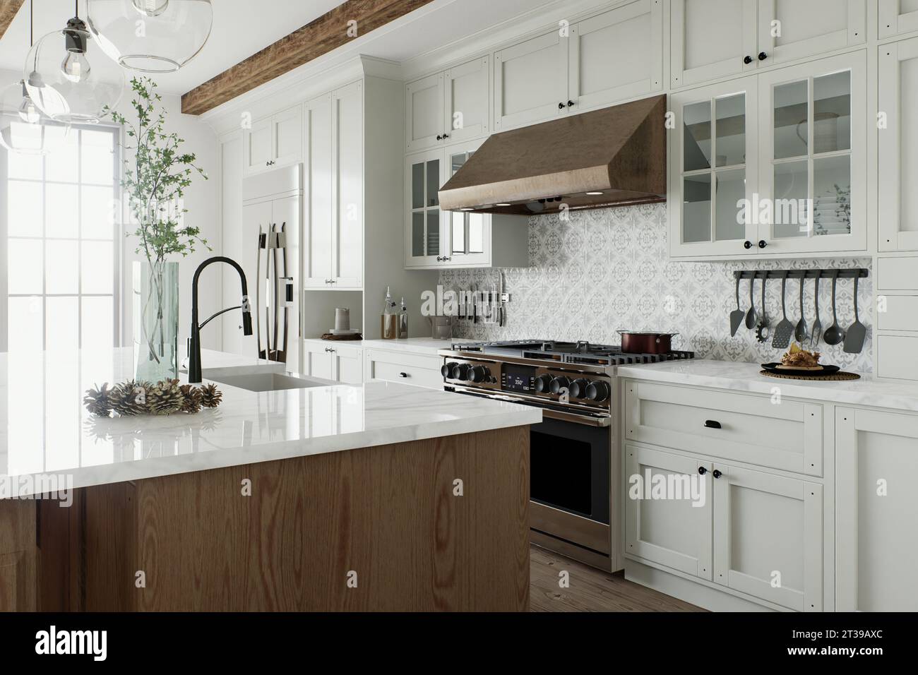 Traditional large L-shaped kitchen with large island and kitchen ...