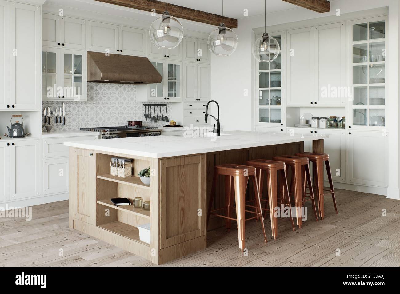 Traditional large L-shaped kitchen with large island and kitchen ...