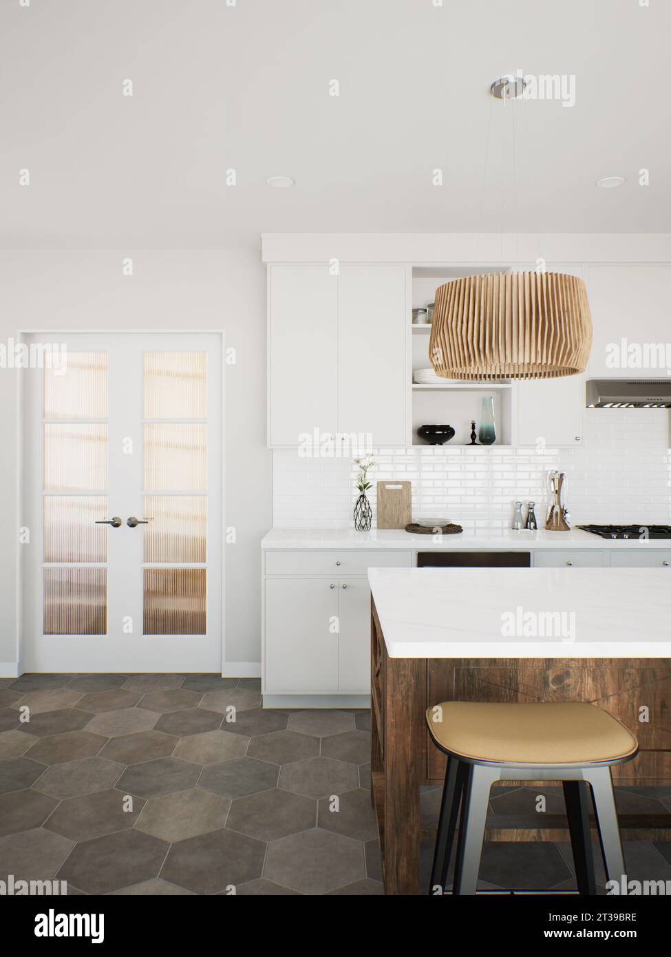 White kitchen with wood island and patterned wood fixtures with kitchen ...