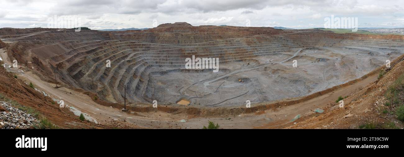 Erdenet, Mongolia. 24th June, 2023. Benches of an open-pit copper mine ...