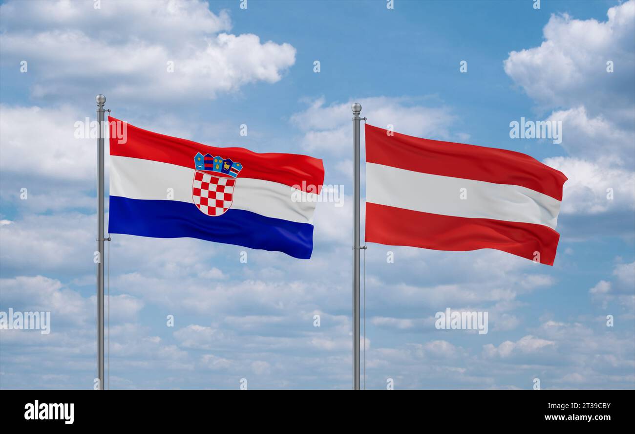 Austria and Croatia flags waving together on blue cloudy sky, two ...