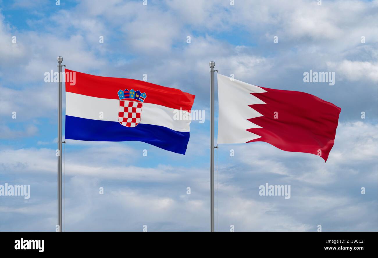 Bahrain and Croatia flags waving together on blue cloudy sky, two country relationship concept ...