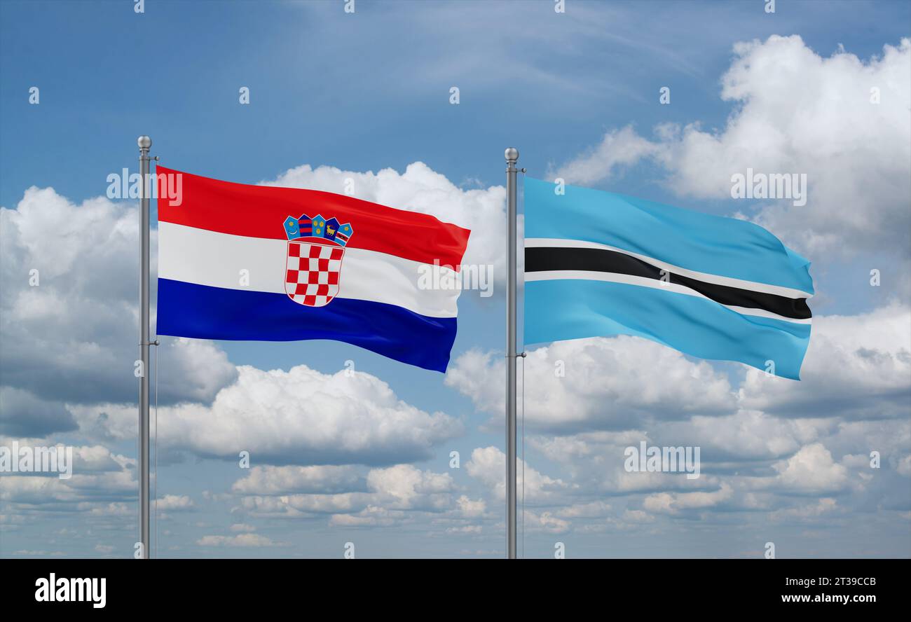 Botswana and Croatia flags waving together on blue cloudy sky, two country relationship concept ...