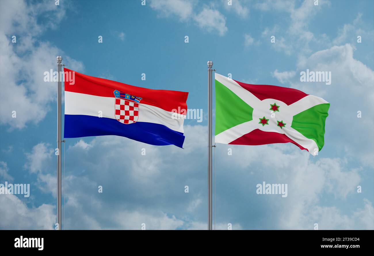 Burundi and Croatia flags waving together on blue cloudy sky, two country relationship concept ...