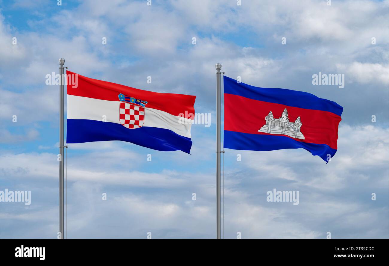 Cambodia and Croatia flags waving together on blue cloudy sky, two country relationship concept ...