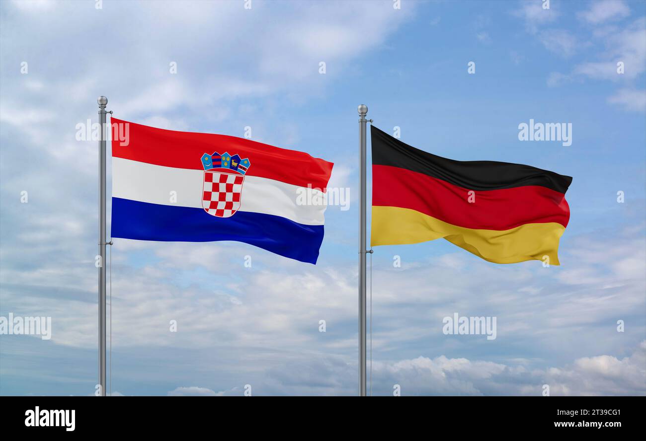 Germany and Croatia flags waving together on blue cloudy sky, two country relationship concept ...