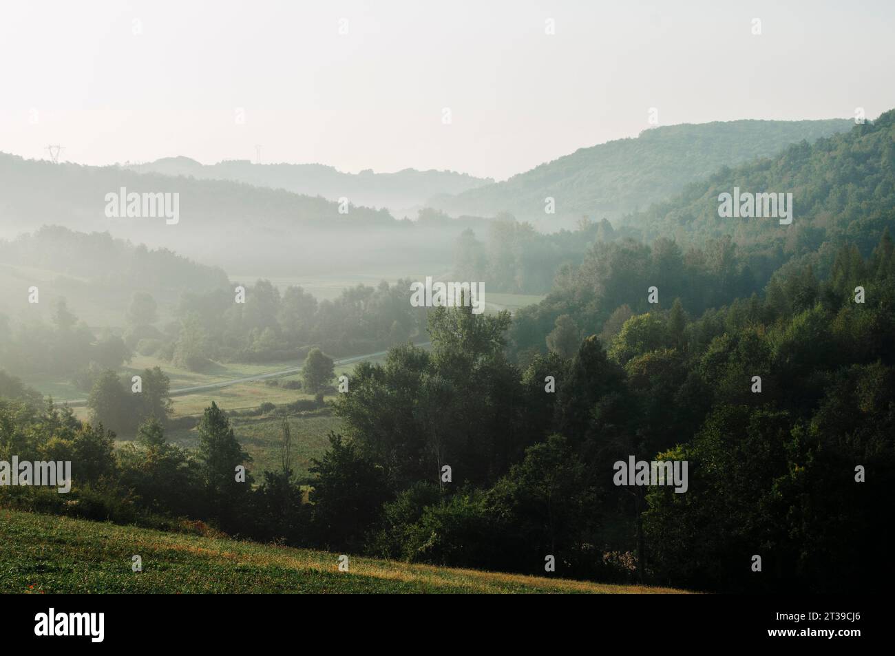 Bormida valley landscape in a foggy autumn morning (Piedmont, Italy ...
