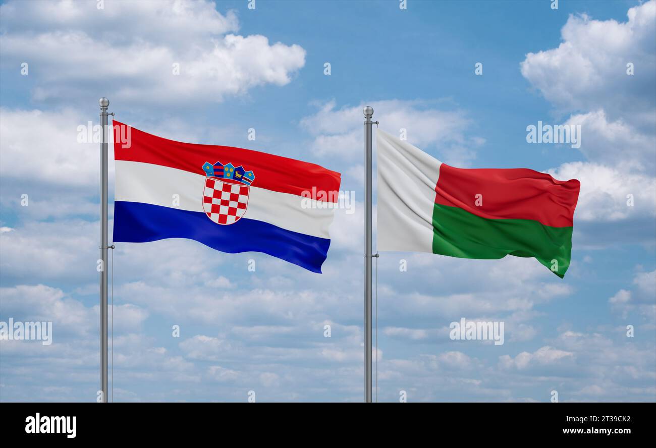 Madagascar and Croatia flags waving together on blue cloudy sky, two country relationship ...