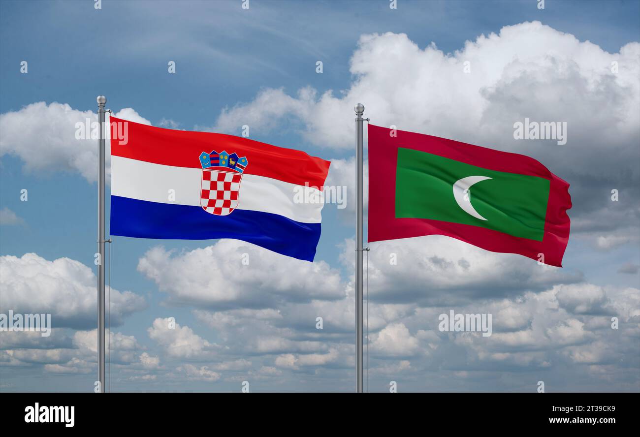 Maldives and Croatia flags waving together on blue cloudy sky, two country relationship concept ...