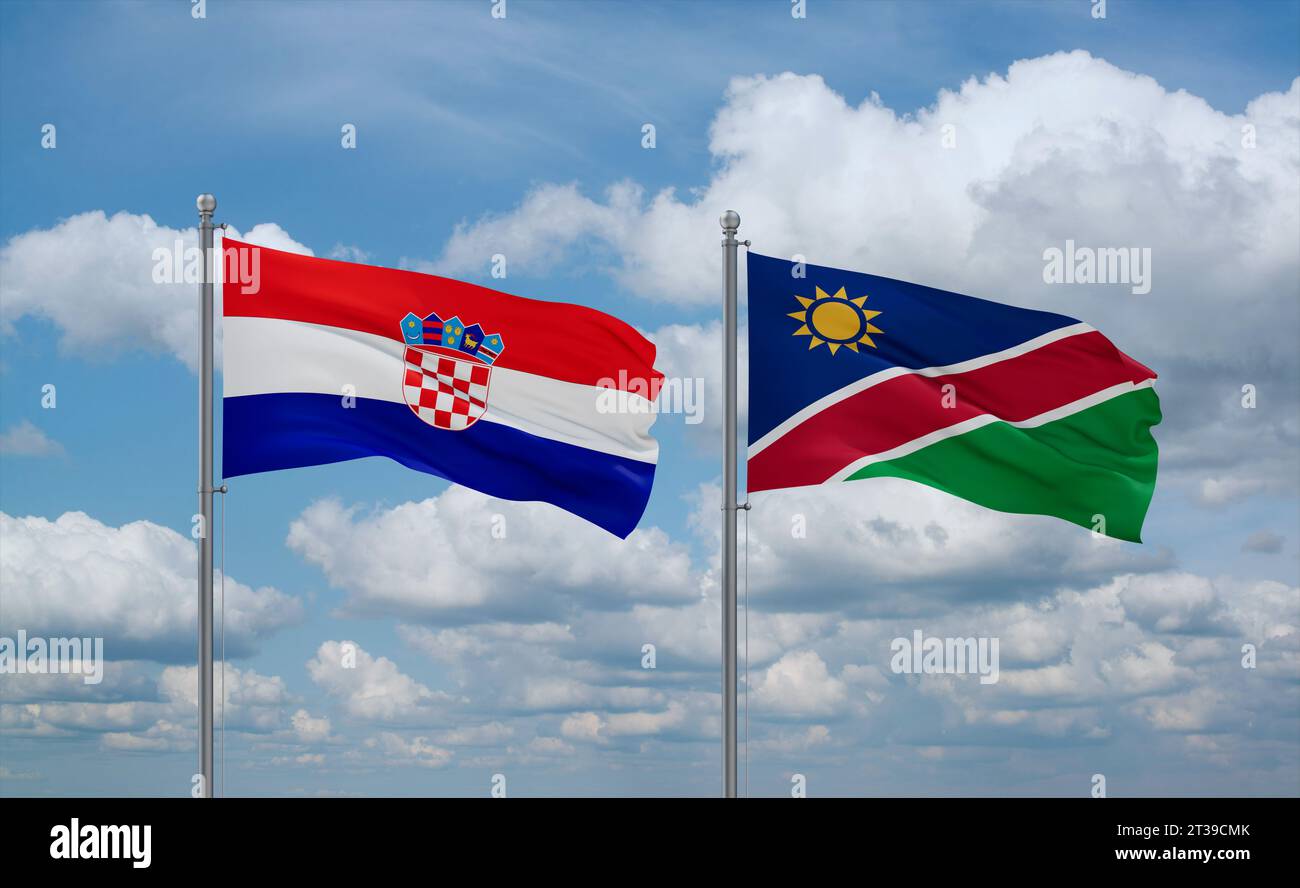 Namibia and Croatia flags waving together in the wind on blue cloudy ...