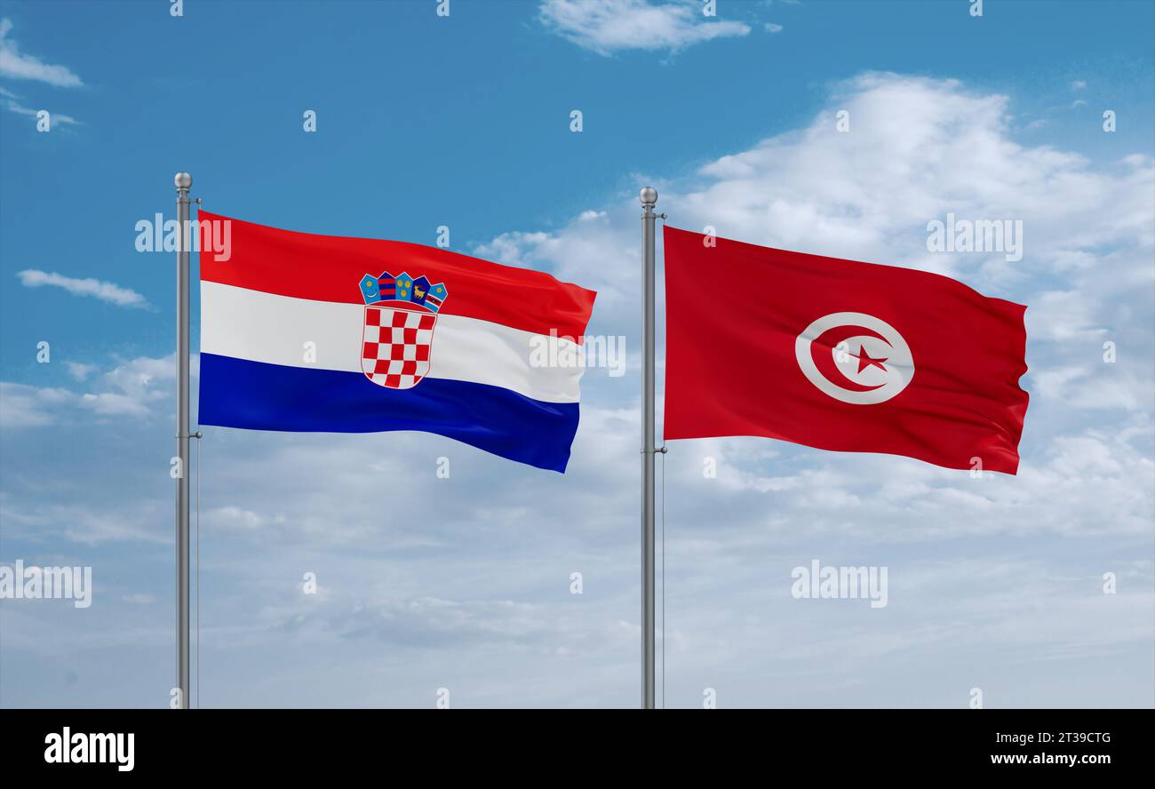 Tunisia and Croatia flags waving together in the wind on blue cloudy ...