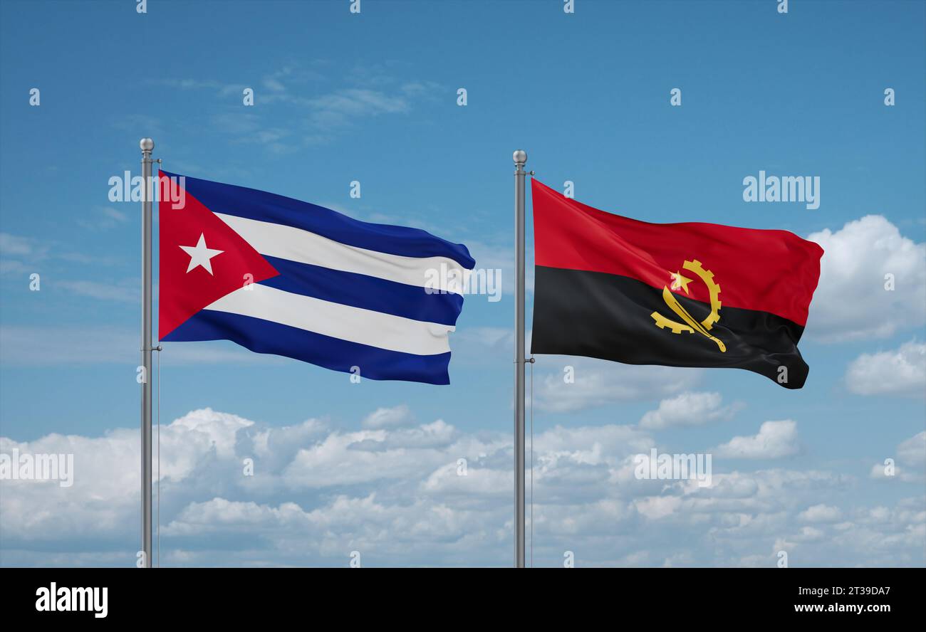 Cuba and Angola flags waving together in the wind on blue cloudy sky ...