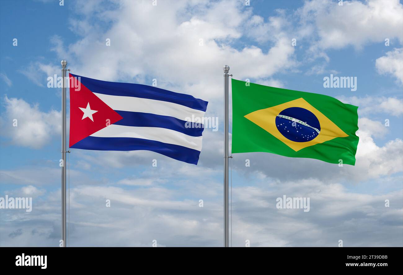 Brazil and Cuba flags waving together on blue cloudy sky, two country ...