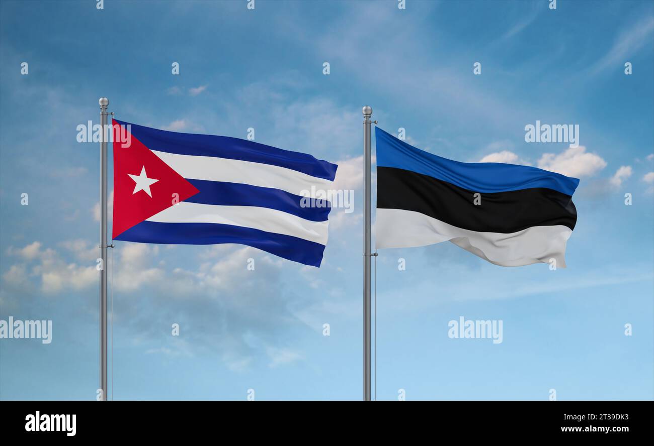 Estonia and Cuba flags waving together on blue cloudy sky, two country relationship concept ...