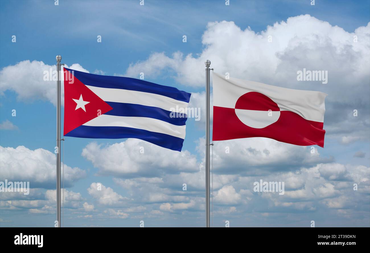 Greenland and Cuba flags waving together on blue cloudy sky, two country relationship concept ...