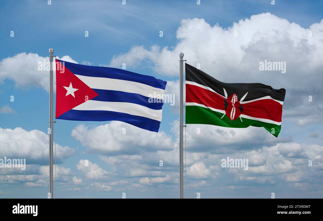 Kenya and Cuba flags waving together on blue cloudy sky, two country ...