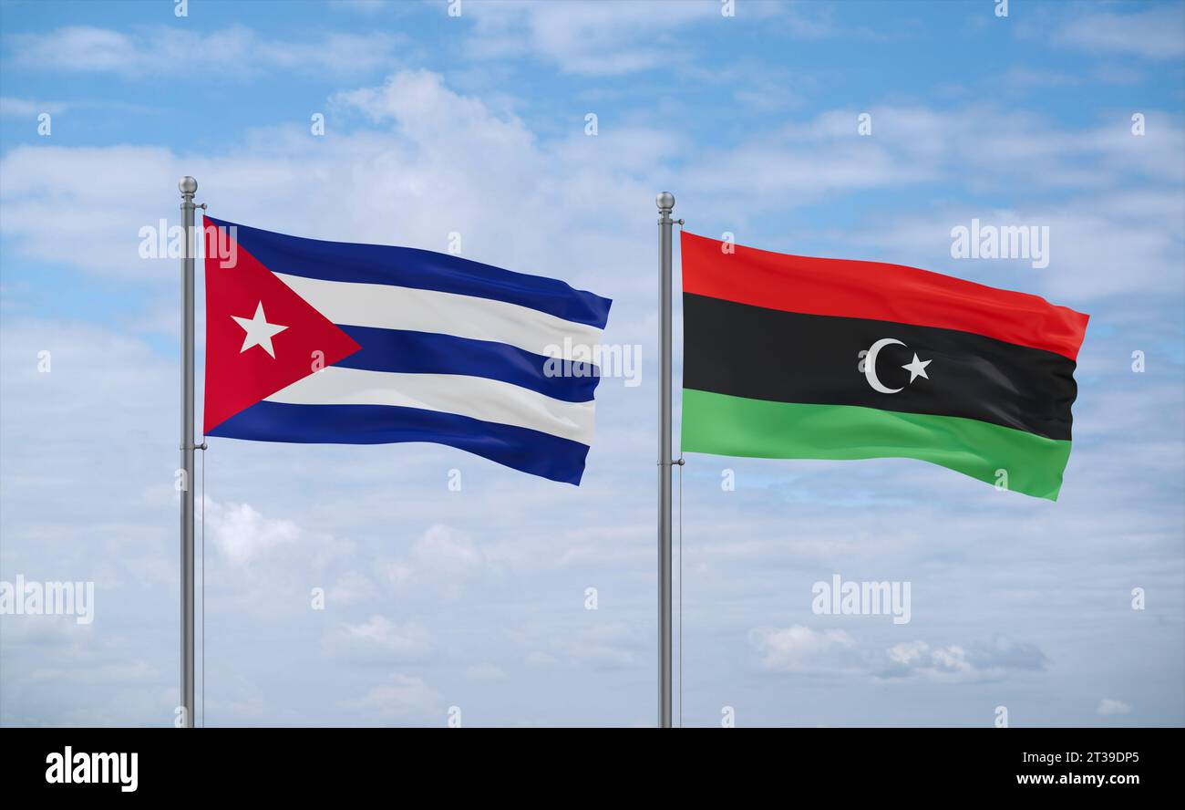 Libya and Cuba flags waving together in the wind on blue cloudy sky ...