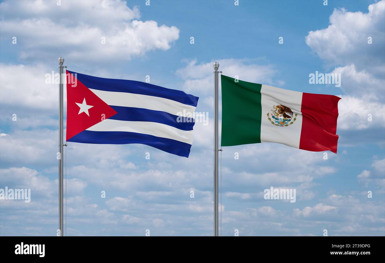 Mexico and Cuba flags waving together on blue cloudy sky, two country ...