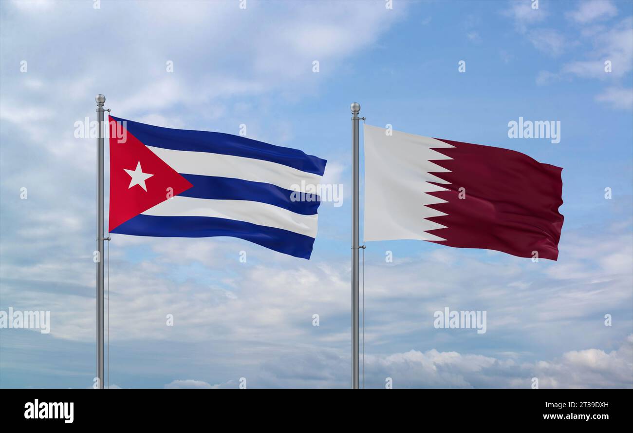 Qatar and Cuba flags waving together in the wind on blue cloudy sky ...