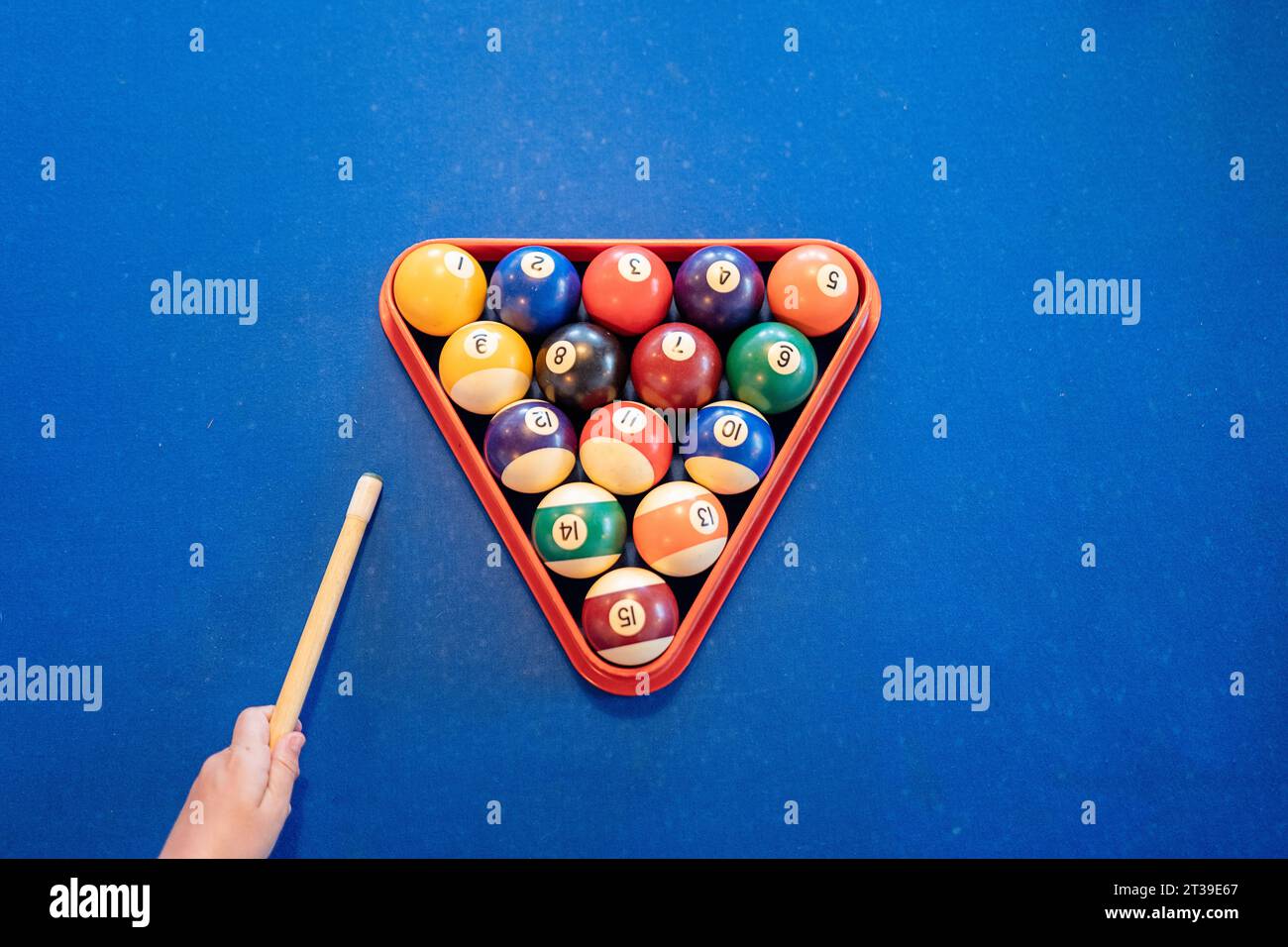 Top view of colorful pyramid of billiard balls in billiard triangle ...