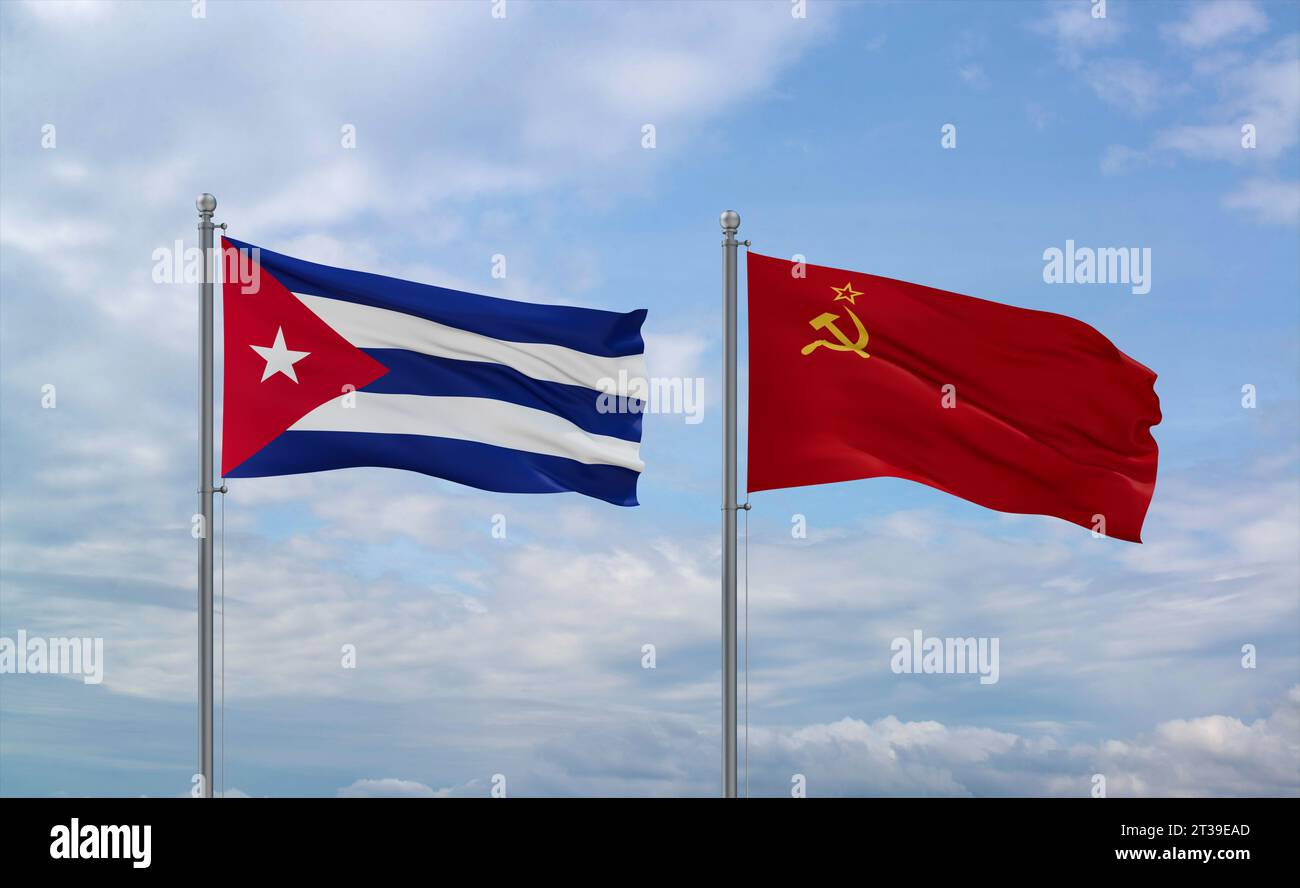 Soviet Union or USSR and Cuba flags waving together in the wind on blue cloudy sky, two country ...