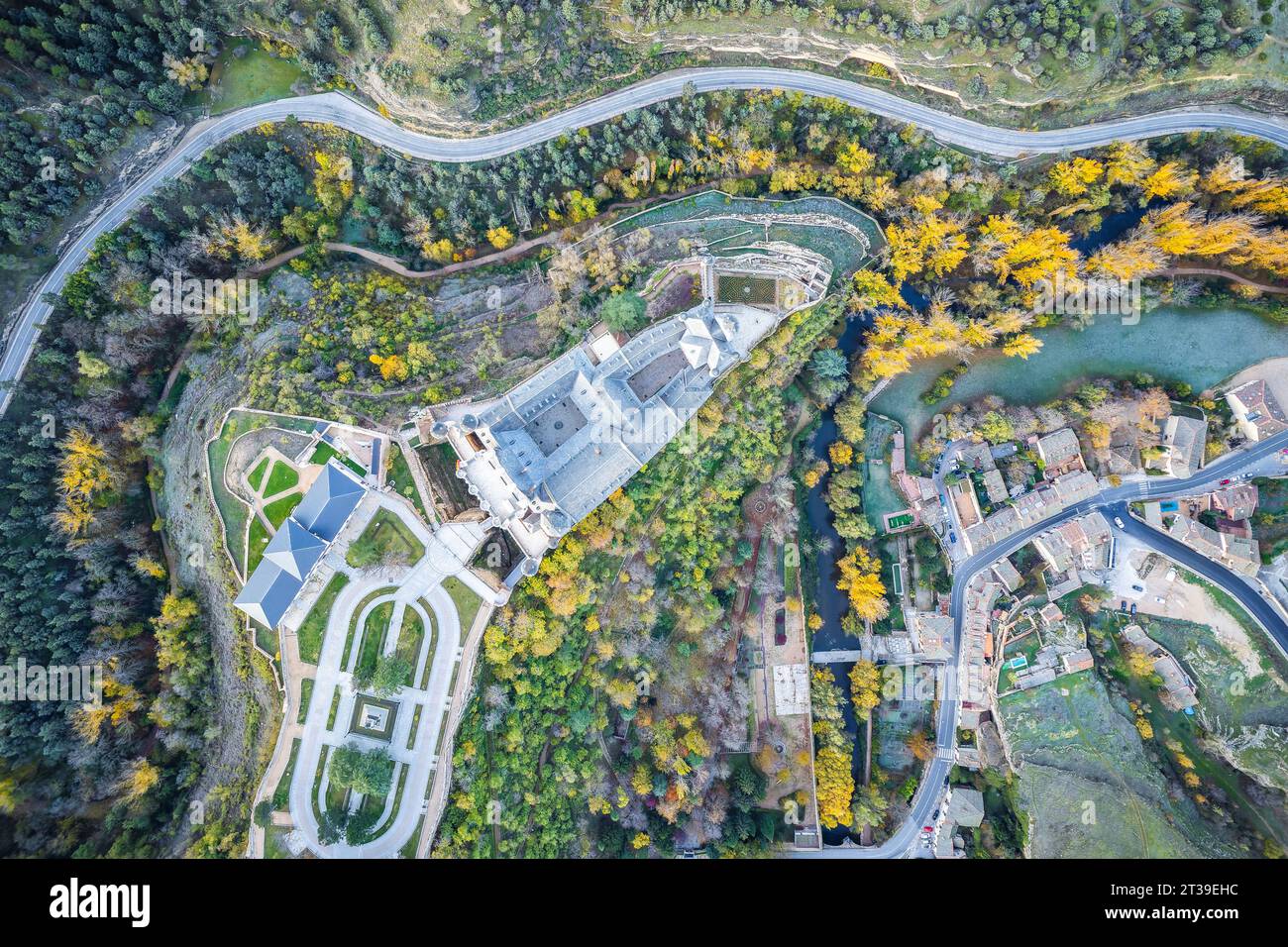 Top view of aerial view of medieval castle Alcazar of Segovia Spain ...