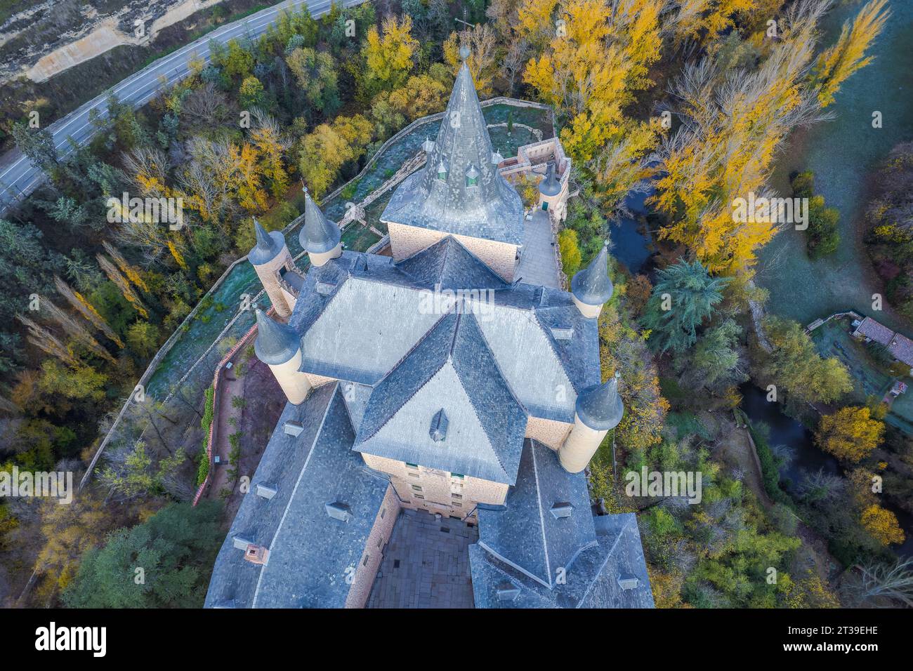 Top view of aerial view of medieval castle Alcazar of Segovia Spain ...