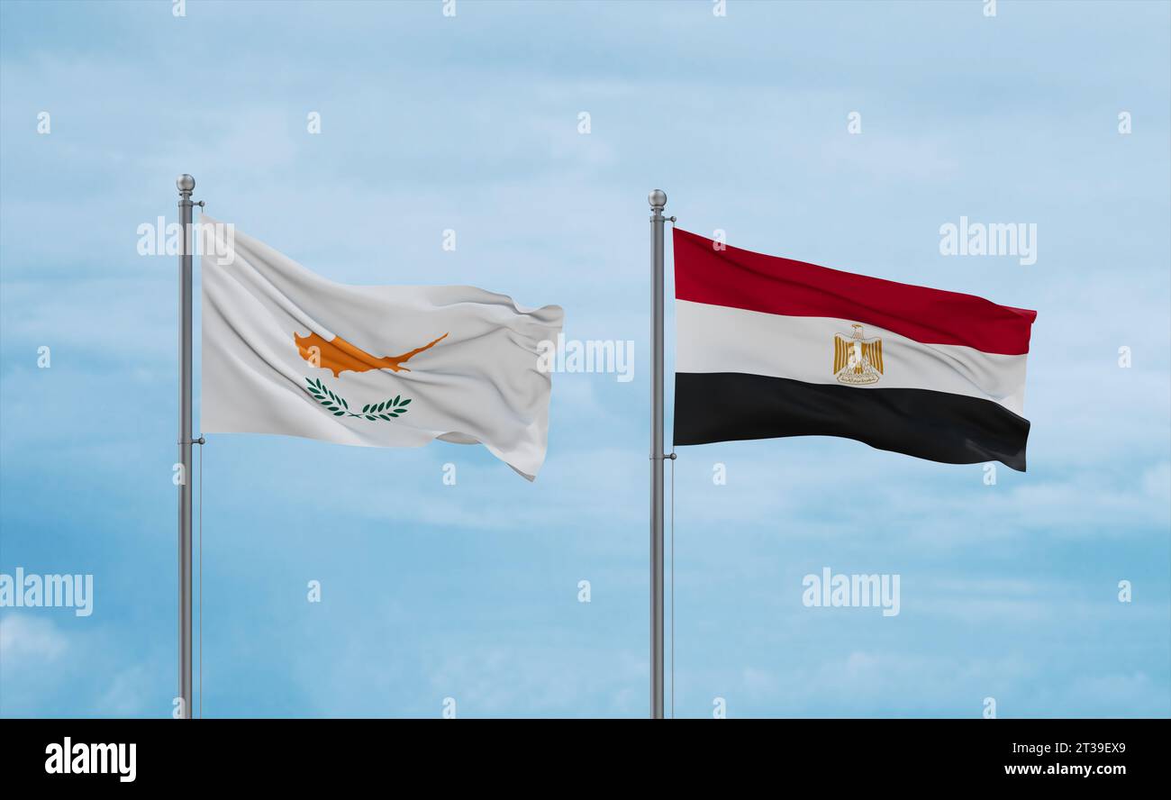 Egypt and Cyprus flags waving together on blue cloudy sky, two country ...