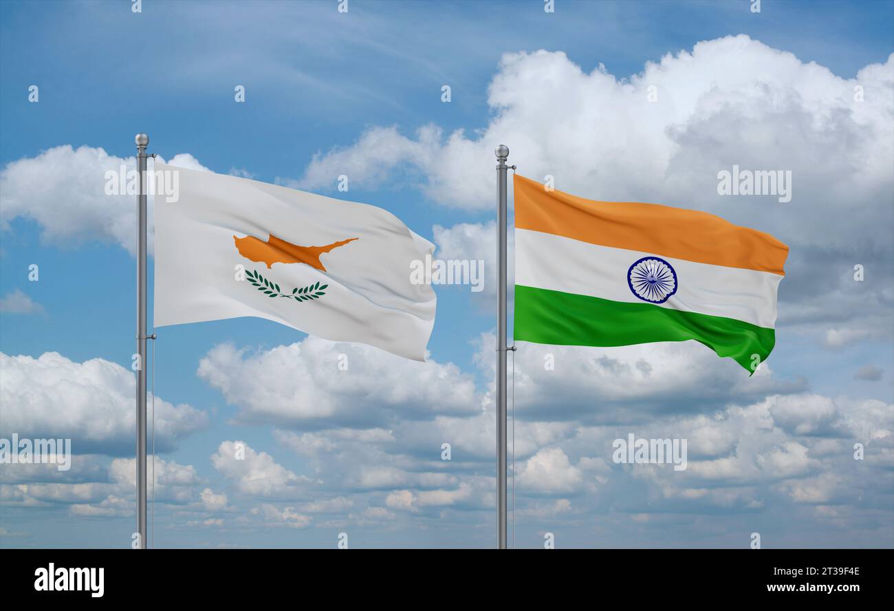 India and Cyprus flags waving together on blue cloudy sky, two country ...