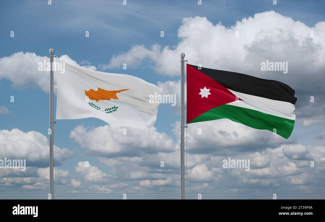 Jordan and Cyprus flags waving together in the wind on blue cloudy sky ...