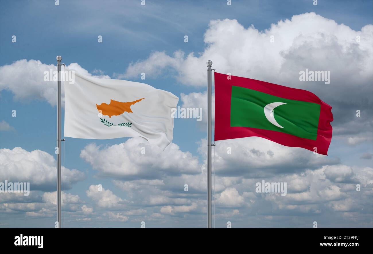 Maldives and Cyprus flags waving together on blue cloudy sky, two country relationship concept ...