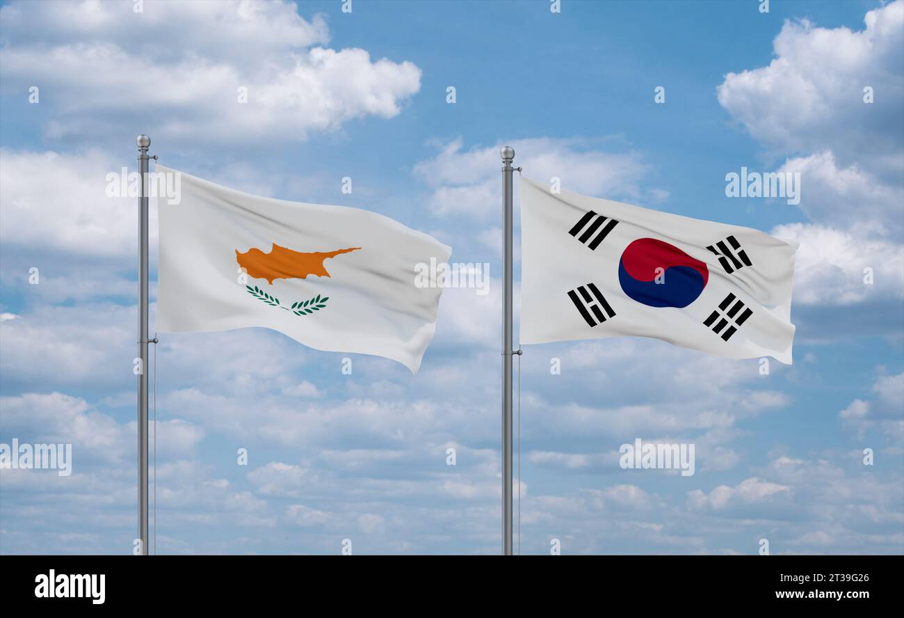 South Korea or Republic of Korea or ROK and Cyprus flags waving ...
