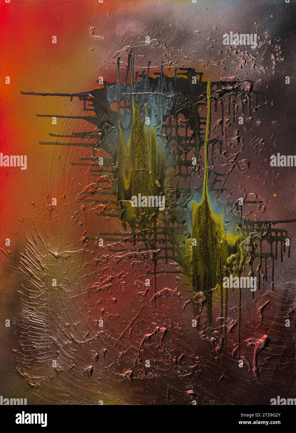 Abstract art piece with vivid warm hues, dripping patterns, and ...