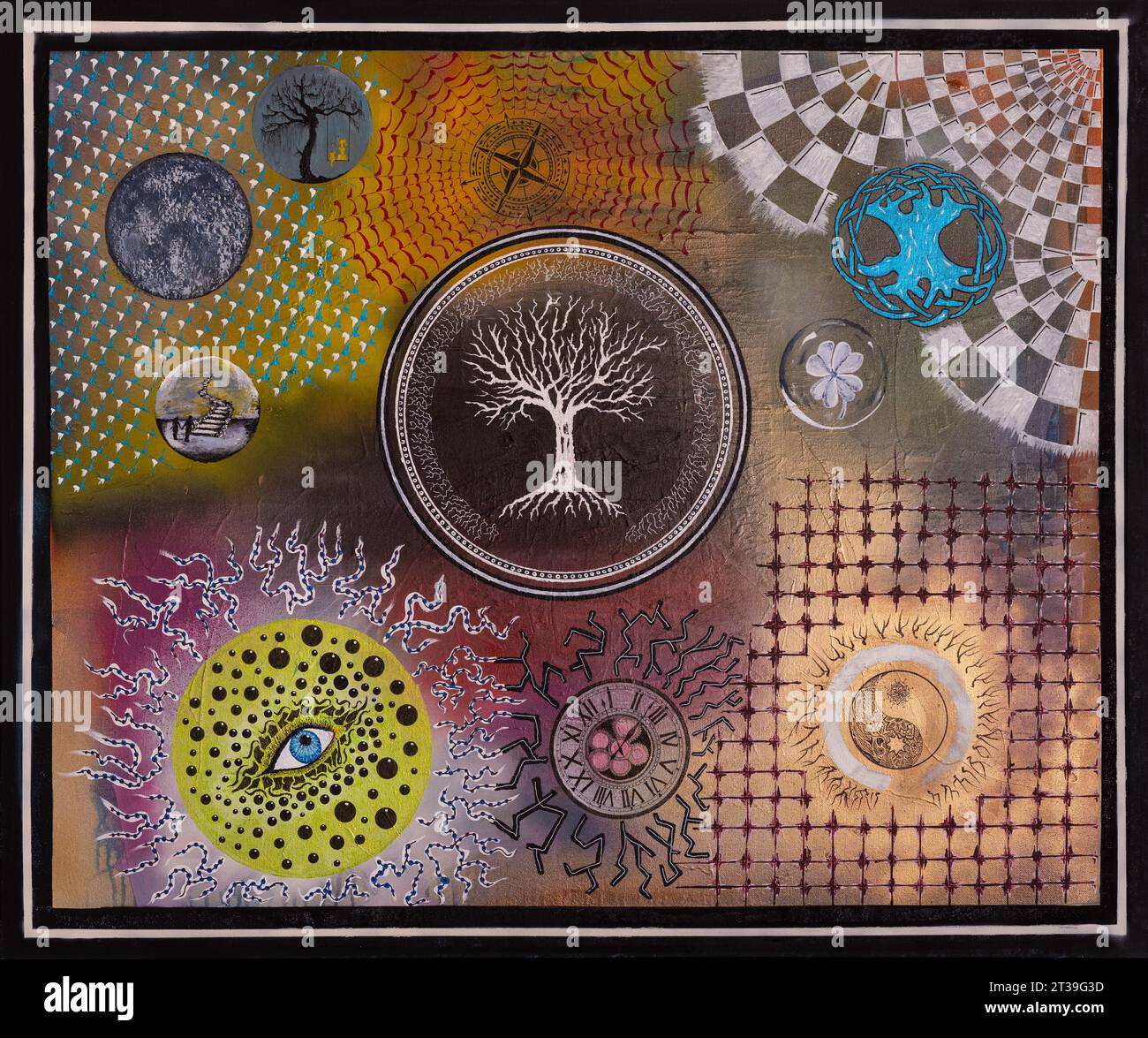 Intricate artwork with symbolic icons, vibrant patterns, and a diverse ...